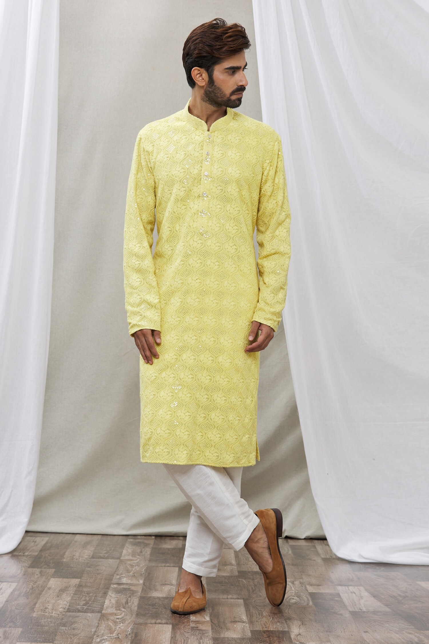 Buy RNG Safawala Yellow Chikankari Kurta Set Online | Aza Fashions