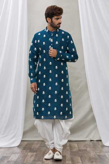 Buy RNG Safawala Blue Cotton Silk Embroidered Kurta Set Online | Aza ...
