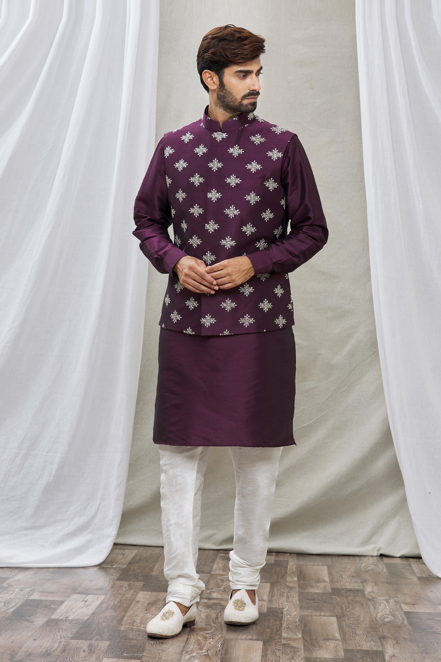Buy RNG Safawala Wine Cotton Silk Embroidered Bundi And Kurta Set Online | Aza Fashions