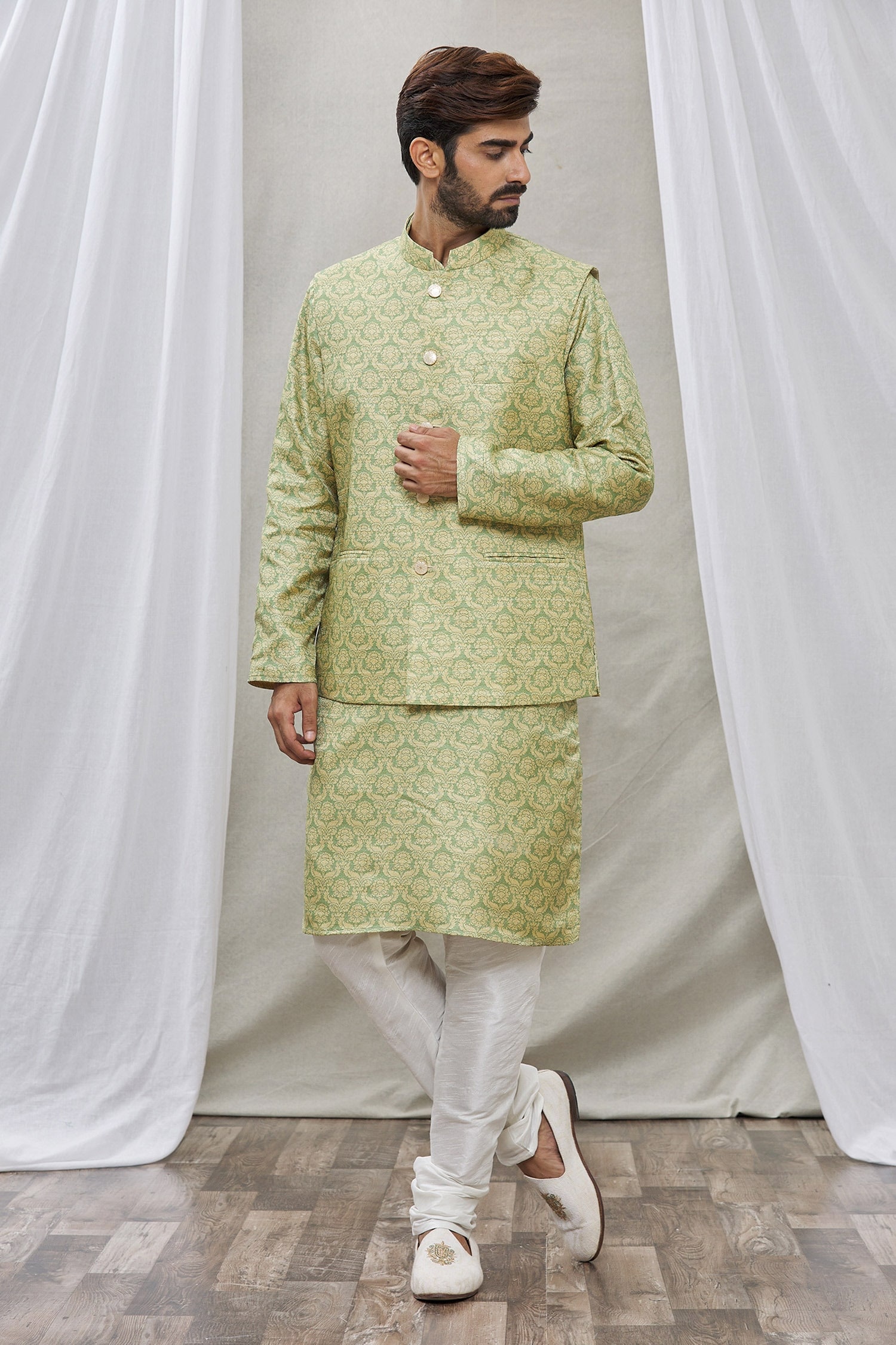Buy RNG Safawala Green Printed Bundi And Kurta Set Online | Aza Fashions