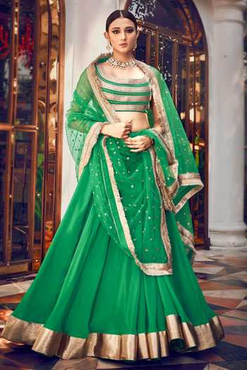 Buy Ranian Green Silk Chinnon Embroidered Lehenga Set Online | Aza Fashions