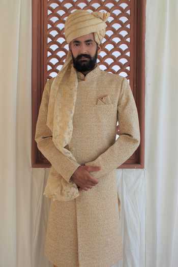Buy RNG Safawala Gold Silk Blend Embroidered Sherwani Set Online | Aza ...