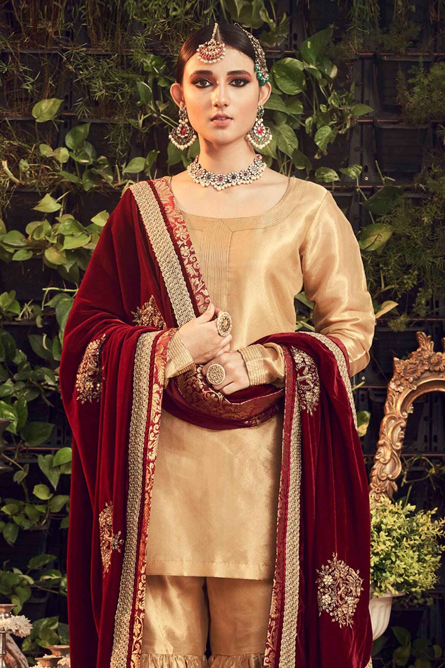 Buy Ranian Silk Tissue Kurta Set With Rosewood Maroon Dupatta Online ...