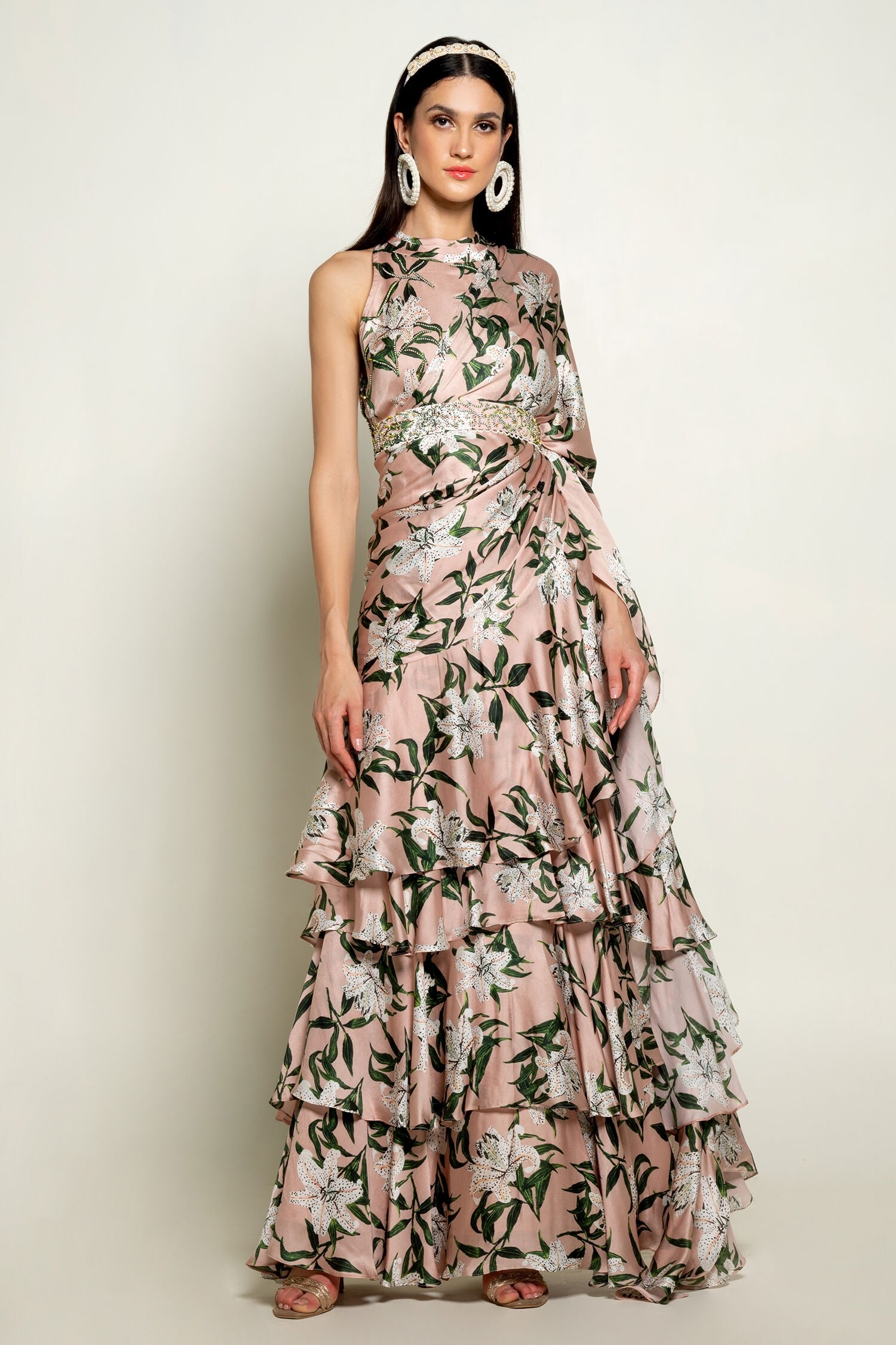 Buy Prints by Radhika Peach Crepe Pre-draped Ruffle Saree With Belt ...