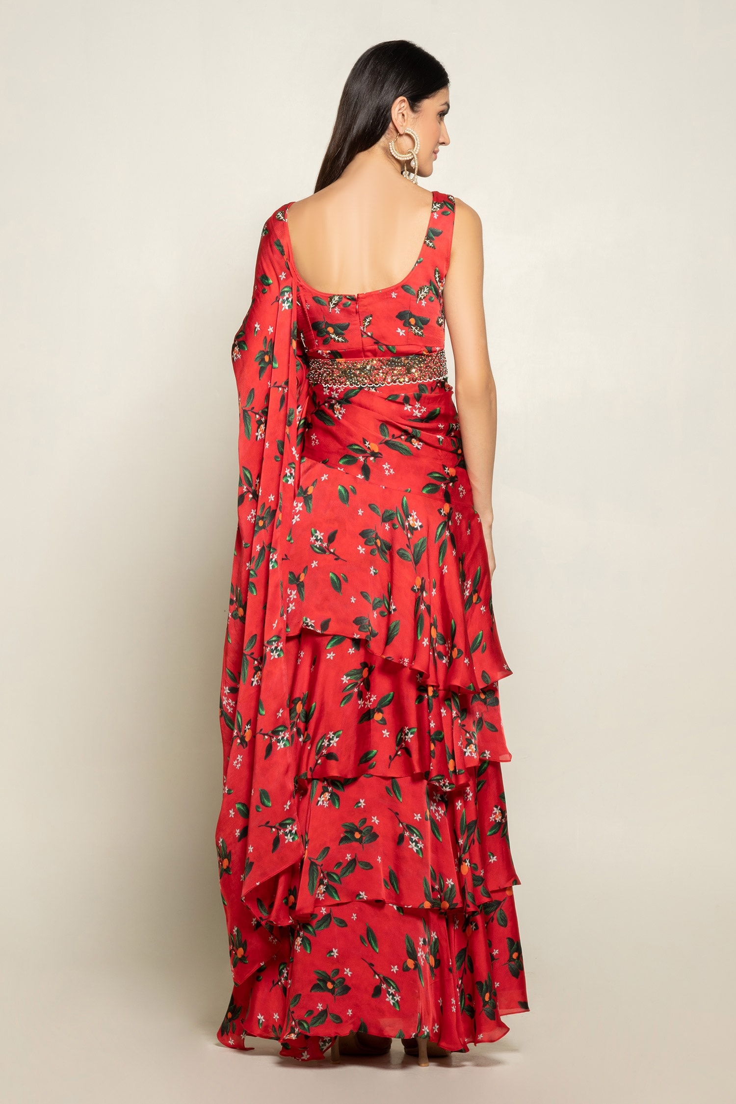Buy Prints by Radhika Red Crepe Pre-draped Ruffle Saree With Belt ...