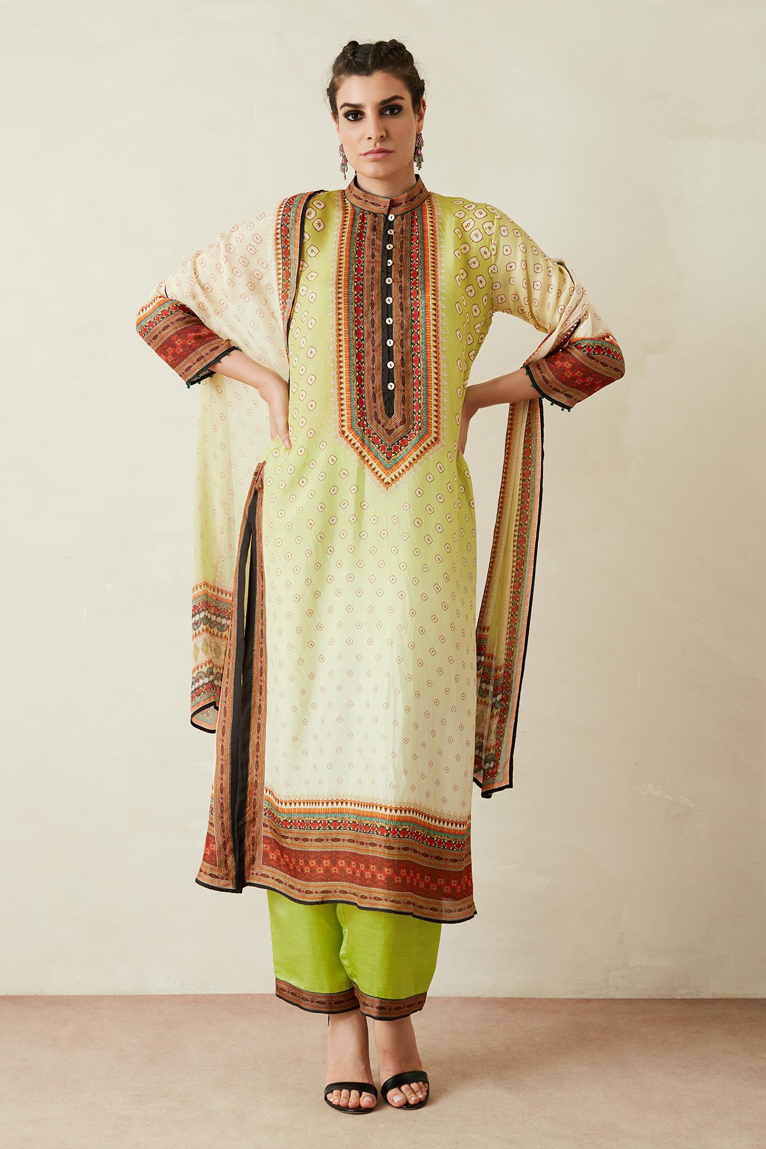 Buy Green Tunic Silk Pant Satin Stole Chiffon Mandarin Ramin Set For ...