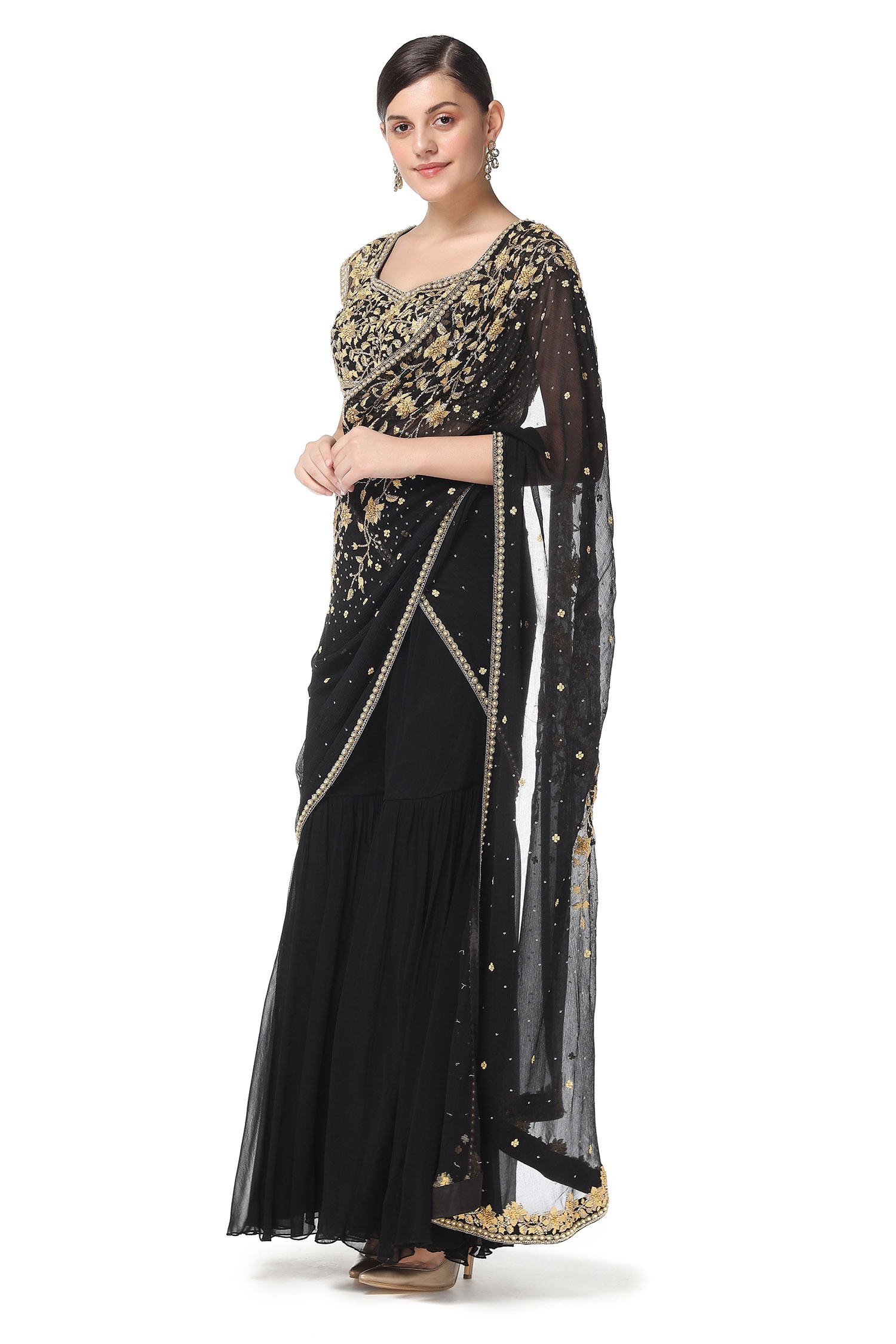 Buy Rabani & Rakha Black Georgette Embroidered Saree And Gharara Set ...