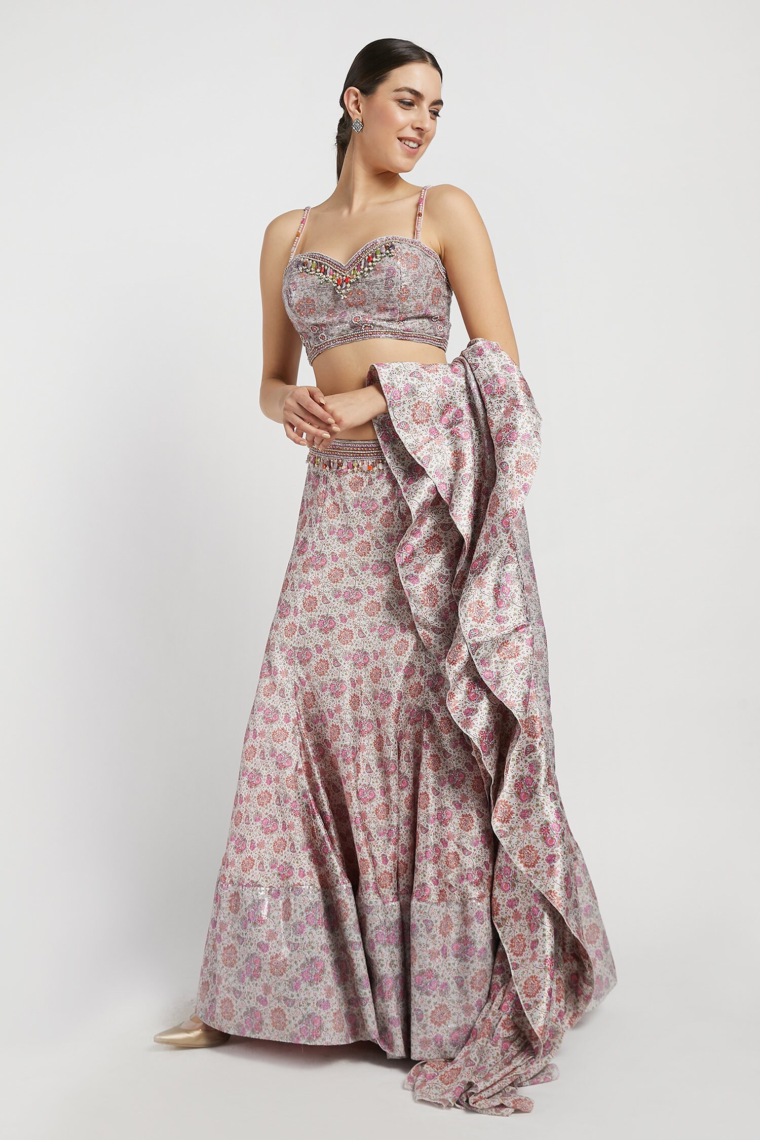 Buy Pink Sheeting Sweetheart Neck Rabia Printed Lehenga Set For Women ...