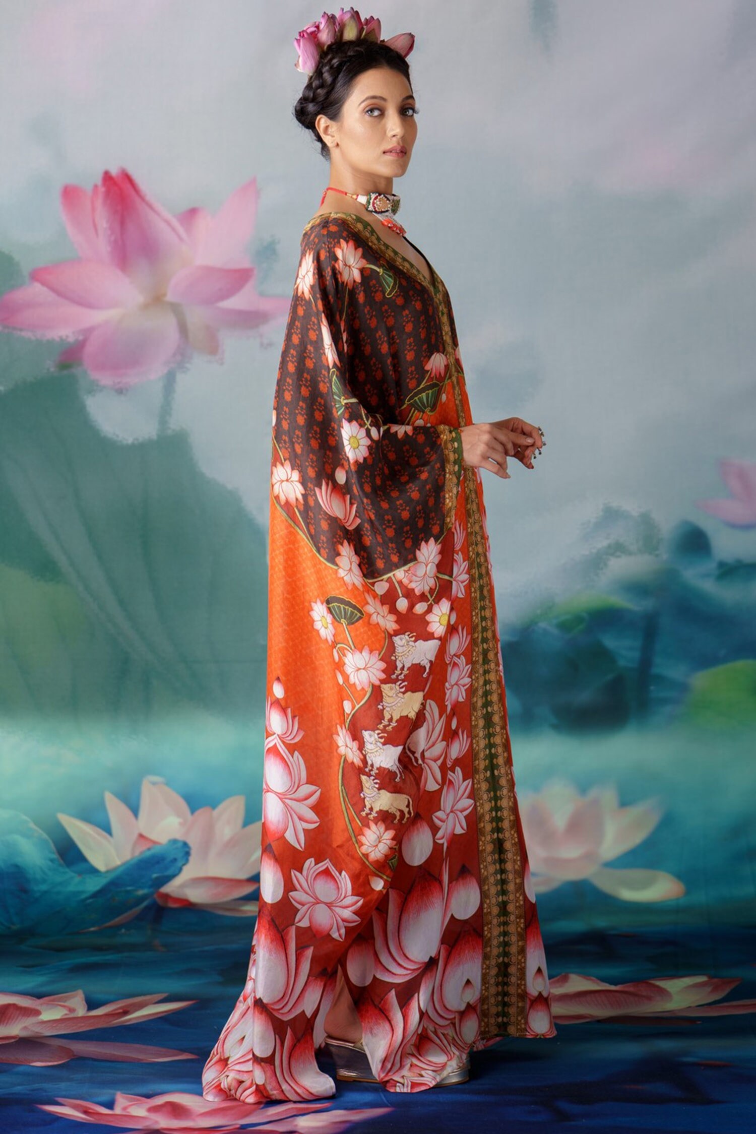 Buy Rajdeep Ranawat Orange Verusha Silk Printed Kaftan Online | Aza ...