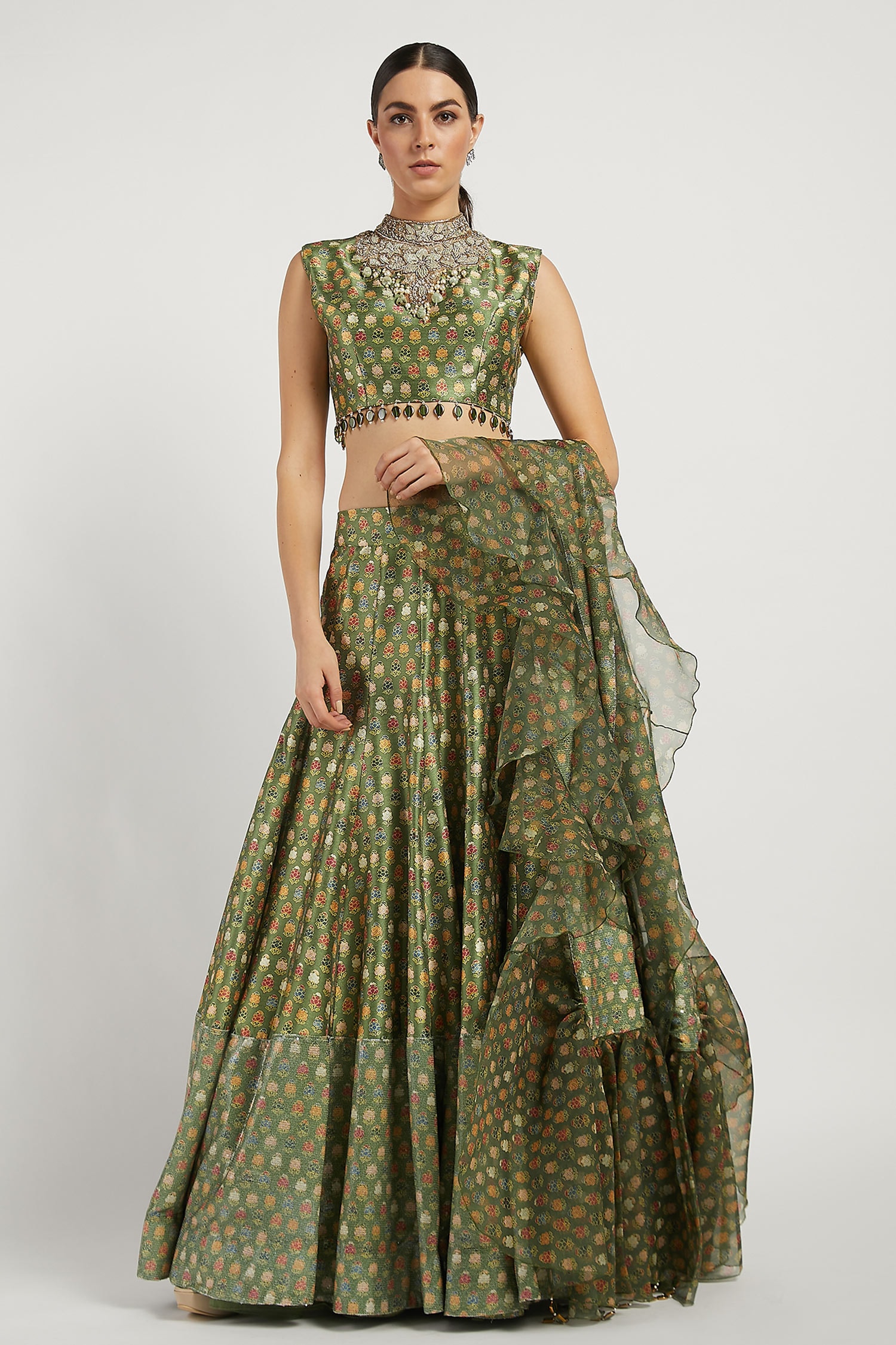 Buy Green Dupion Stand Collar Rabia Printed Lehenga Set For Women by ...