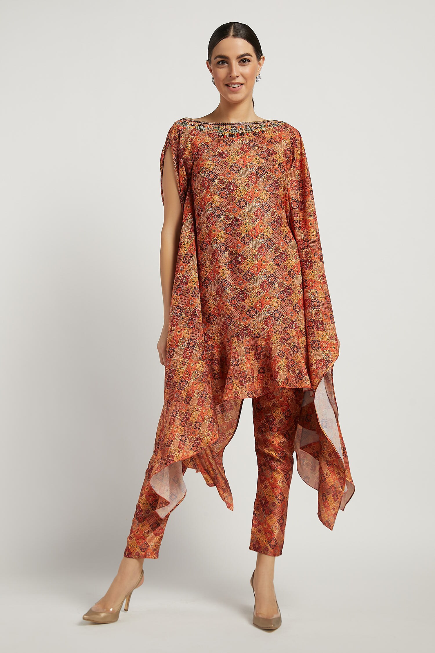 Buy Peach Georgette Round Lana Kaftan Tunic And Pant Set For Women by ...