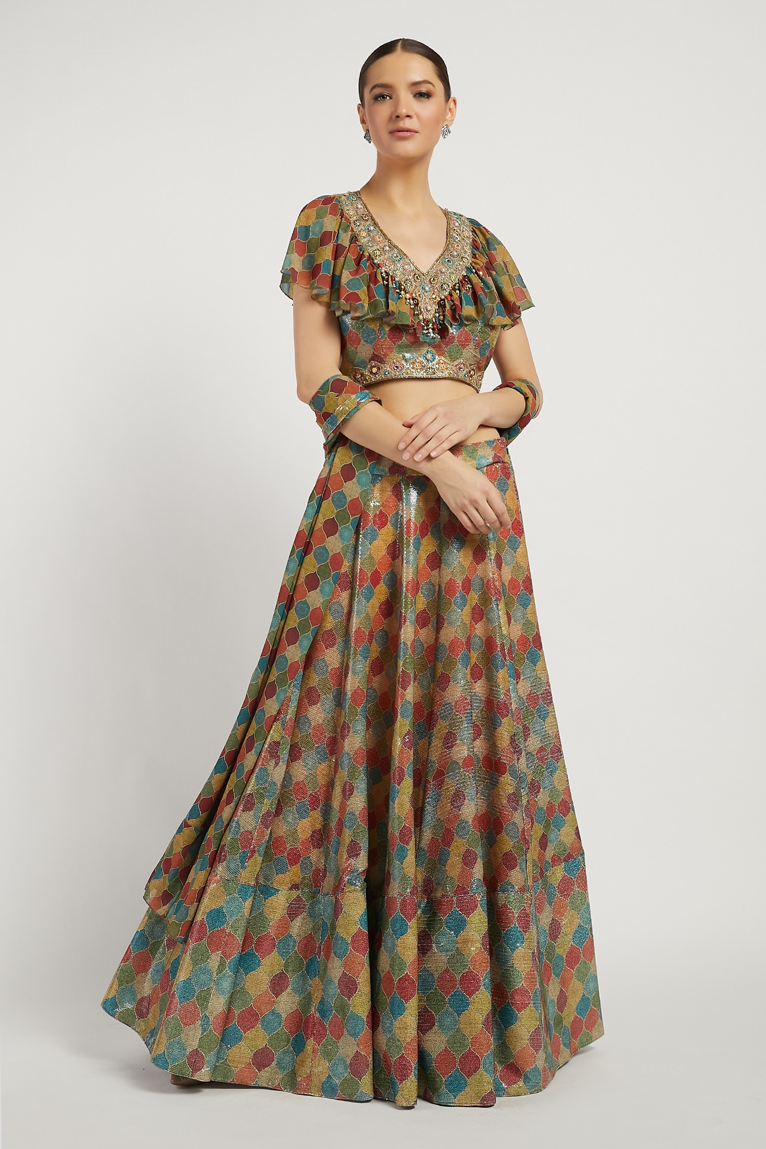 Buy Multi Color Sheeting V Neck Rabia Printed Lehenga Set For Women by ...