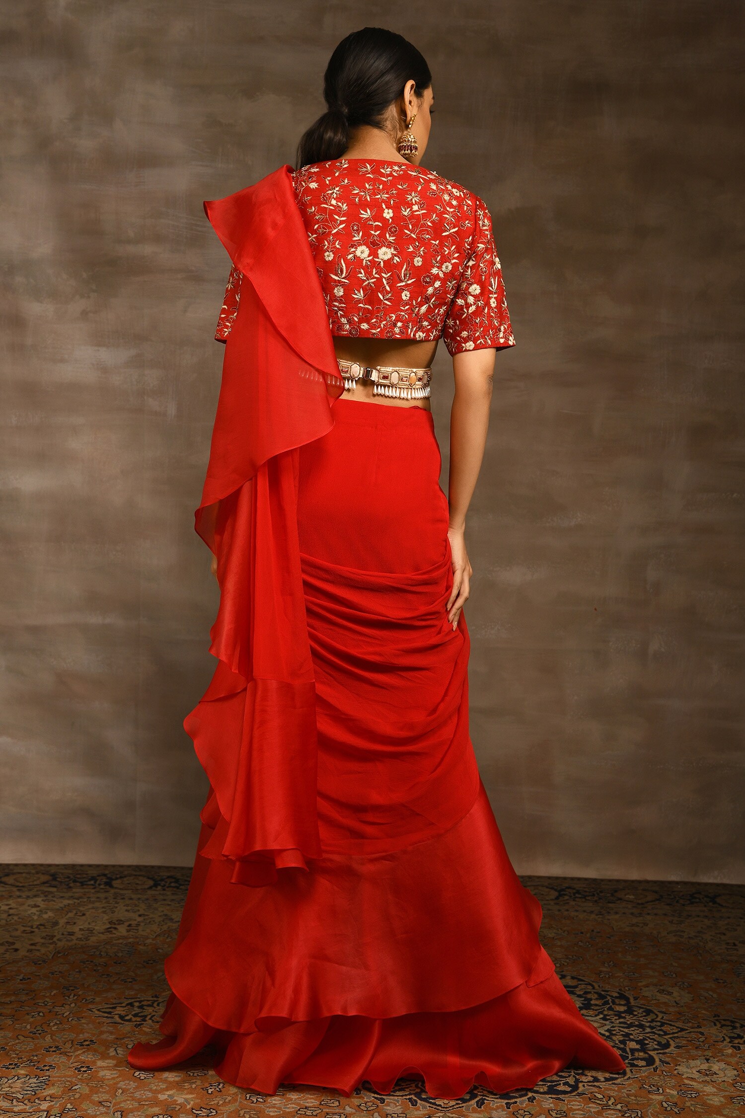 Buy Radhika & Raghav Red Raw Silk Ruffle Pre-stitched Saree With Blouse ...
