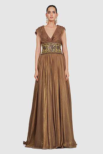 Buy Rocky Star Brown Georgette Ruffled Gown Online | Aza Fashions