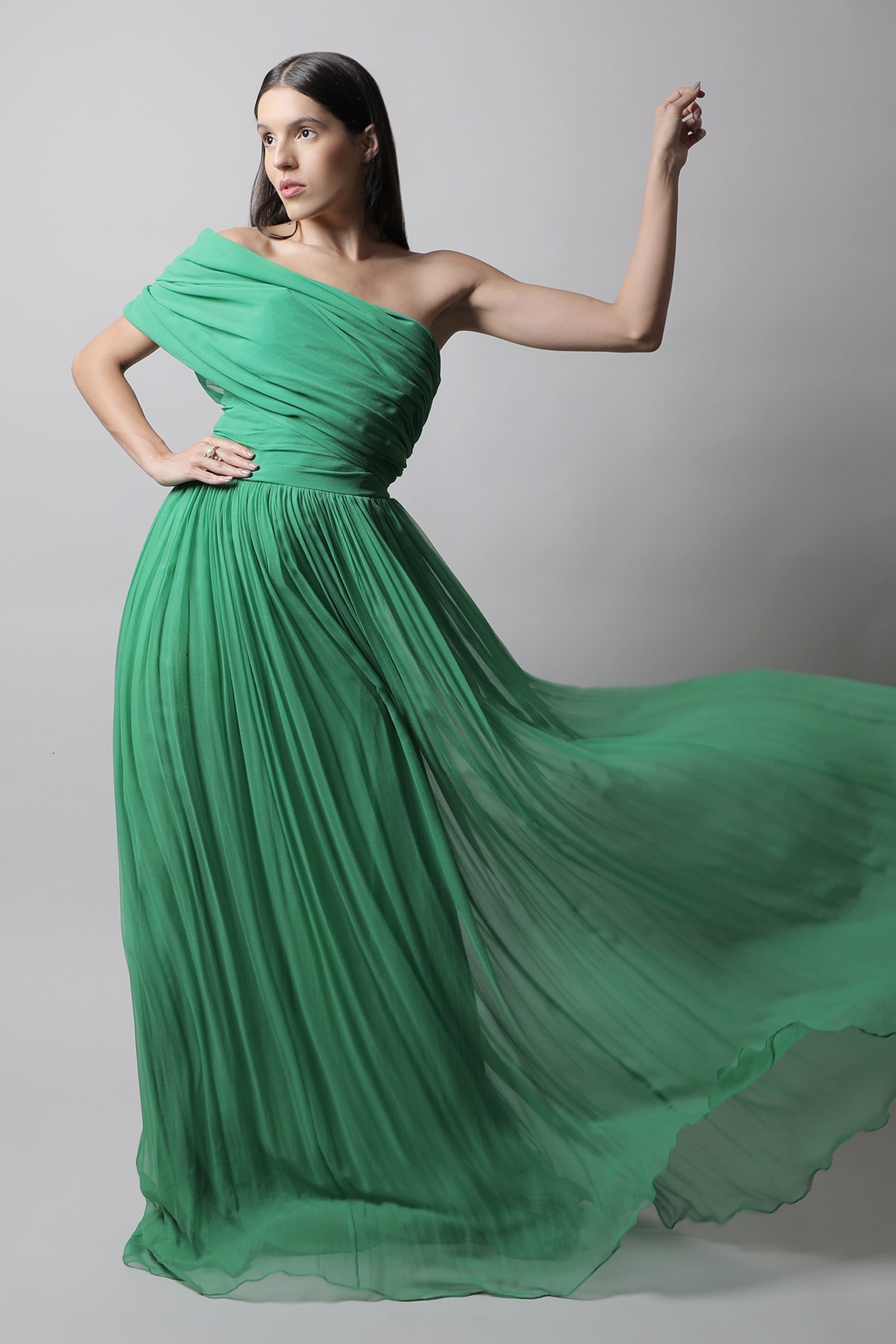 Buy Green Georgette Solid One Shoulder Draped Gown For Women by Swatee ...