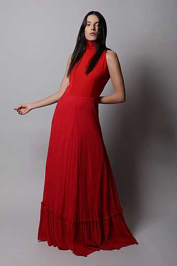 Buy Swatee Singh Red Georgette Band Collar Gown Online | Aza Fashions