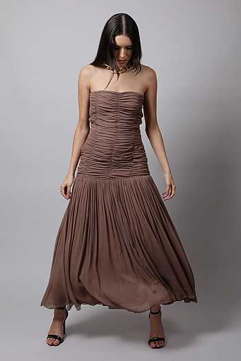 Buy Swatee Singh Beige Georgette Off Shoulder Ruched Dress Online | Aza ...