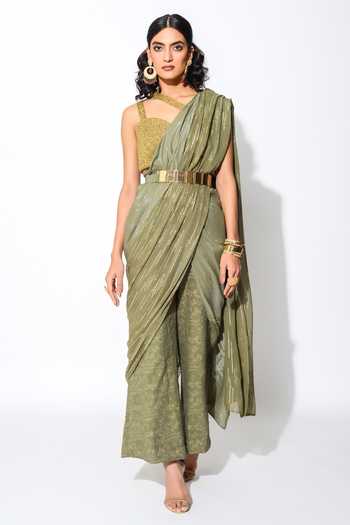 Buy Rishi & Vibhuti Green Quilted Fabric Shimmer Pant Saree With Blouse ...