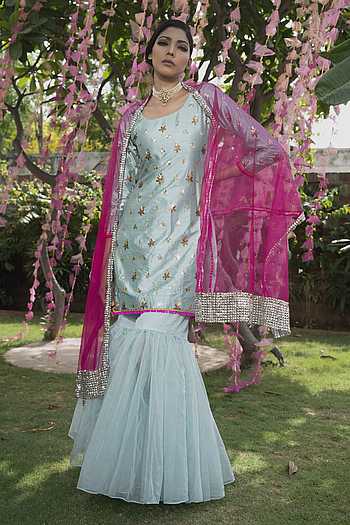 Buy Blue Organza Square Neck Embroidered Kurta And Sharara Set For ...