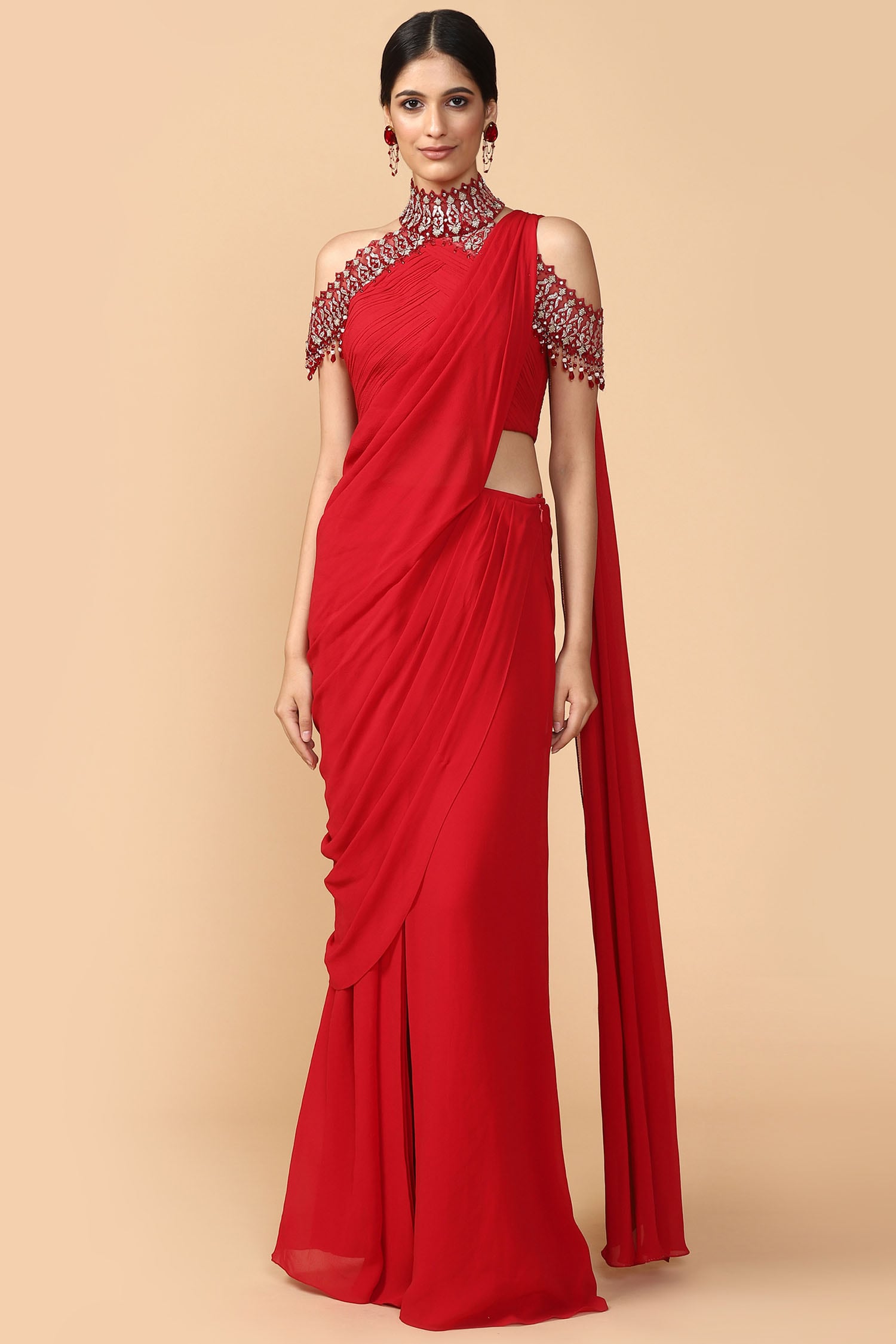 Buy Tarun Tahiliani Red Pre-draped Saree Online | Aza Fashions