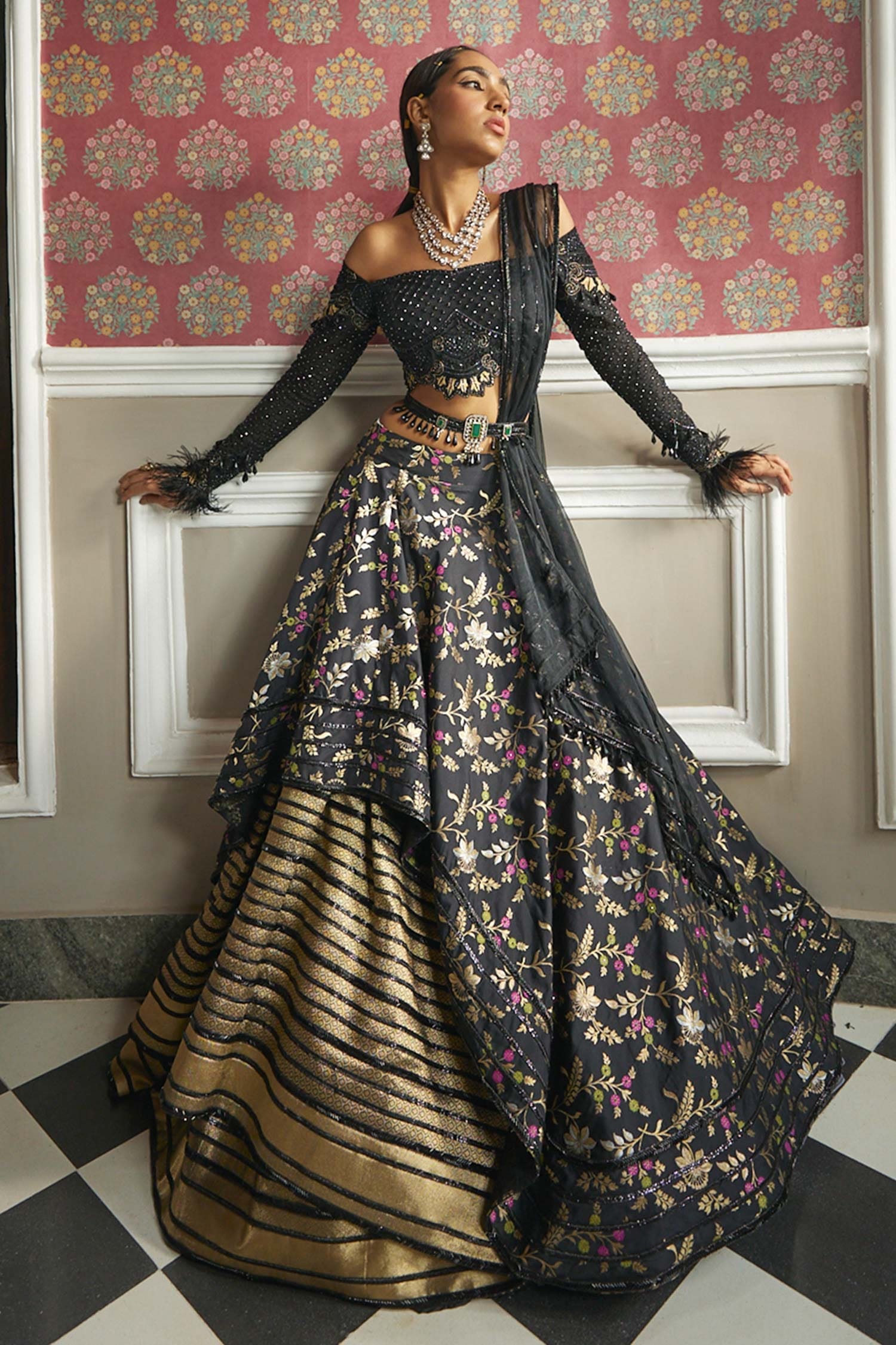 Buy Black Silk And Organza Woven And Embroidery Floral Motifs One Lehenga