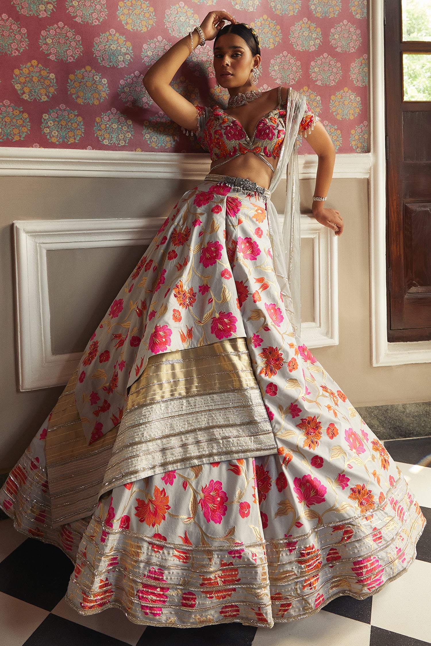Buy Grey Lehenga Silk Printed Floral Motifs V Neck Set For Women By