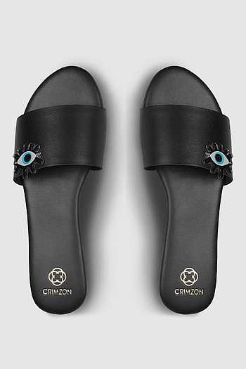 Buy Black Embroidered Evil Eye Sliders by Crimzon Online at Aza Fashions.