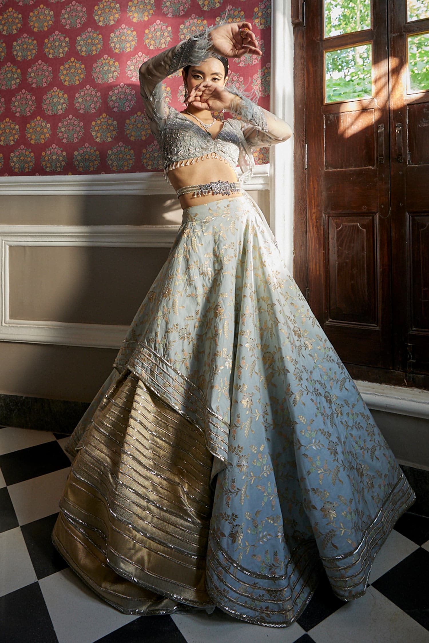 Buy Grey Lehenga And Blouse Silk Printed Floral Motifs Panelled Set