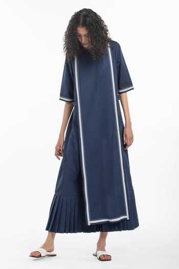 Buy Blue 100% Cotton Poplin Round Midi Dress For Women by Three Online ...