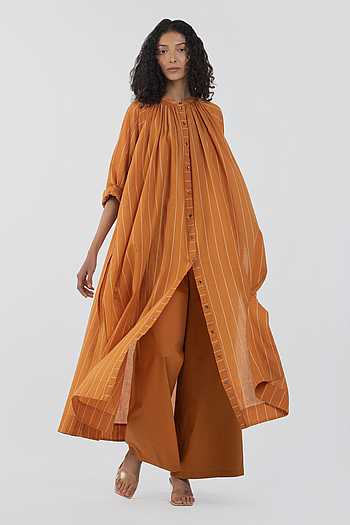 Buy Three Brown Handwoven Cotton Striped Kurta Set Online | Aza Fashions