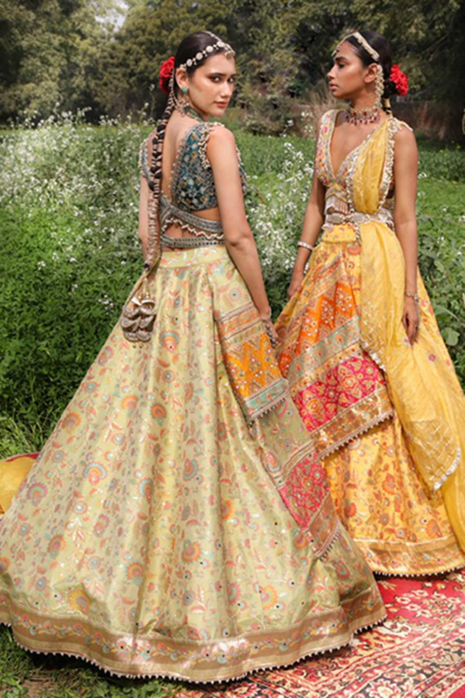 Buy Aditi Gupta Green Banarasi Silk Layered Lehenga Set Online Aza