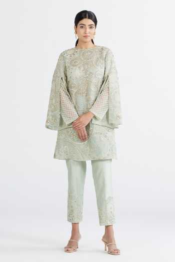 Buy Megha Bansal Green Silk Organza Embroidered Kurta And Pant Set ...