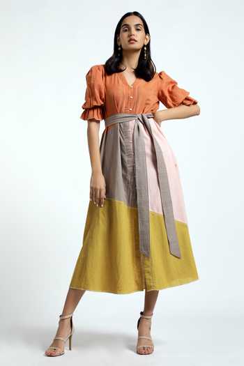 Buy Multi Color Cotton Plain V Neck Safiya Colorblock Dress For Women ...