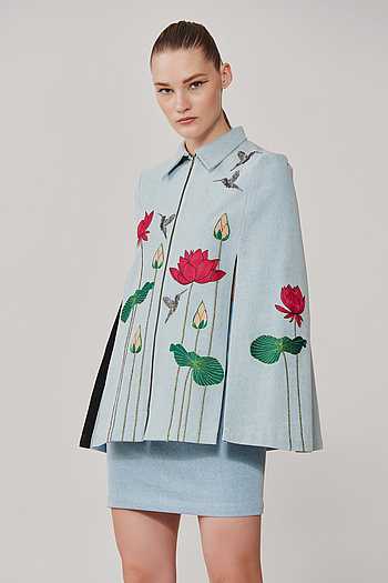 Buy Shahin Mannan Blue Denim Embroidered Cape Online | Aza Fashions
