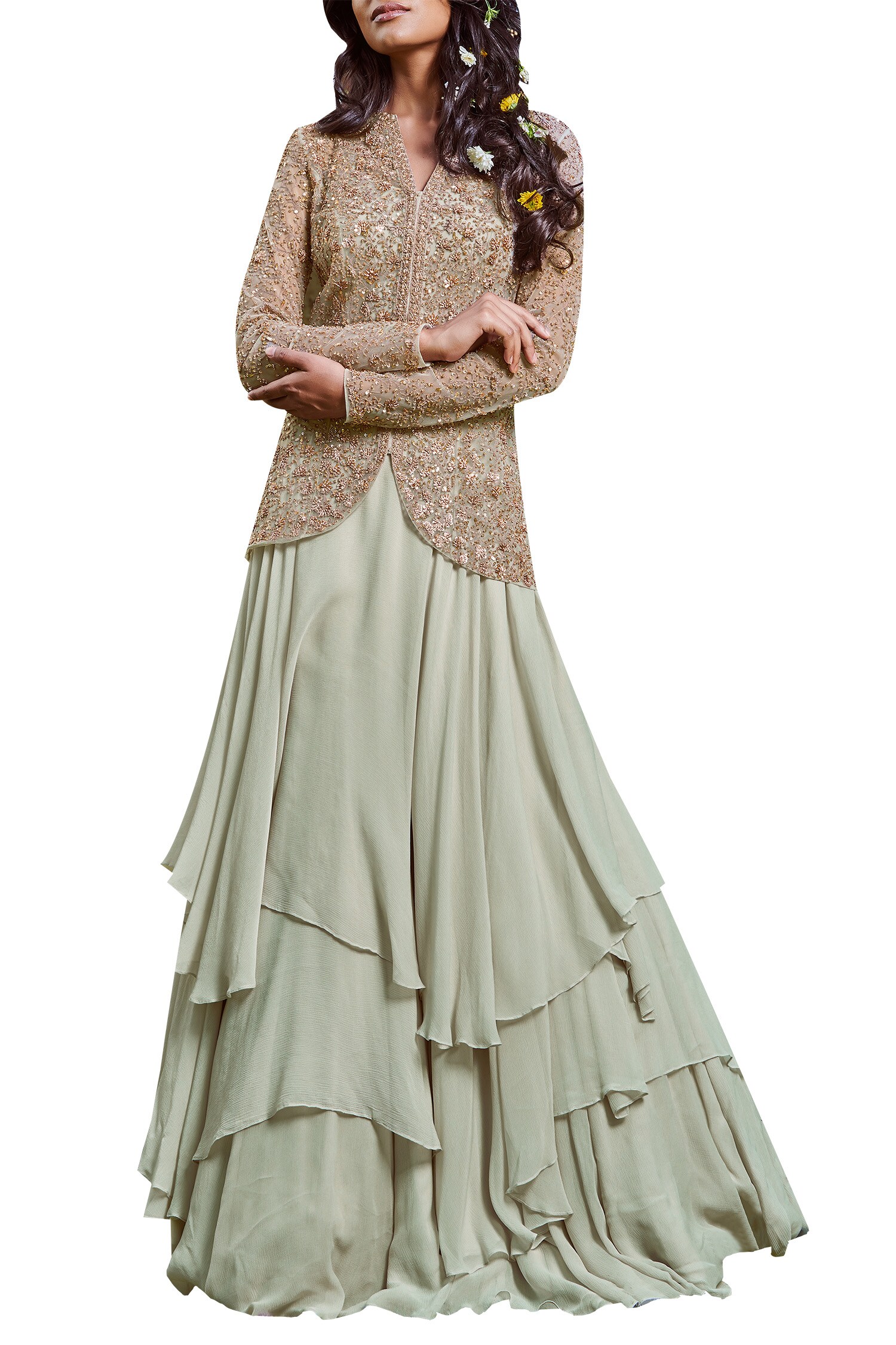 Buy Green Chiffon Embroidered Jacket Lehenga Set For Women by Sana ...