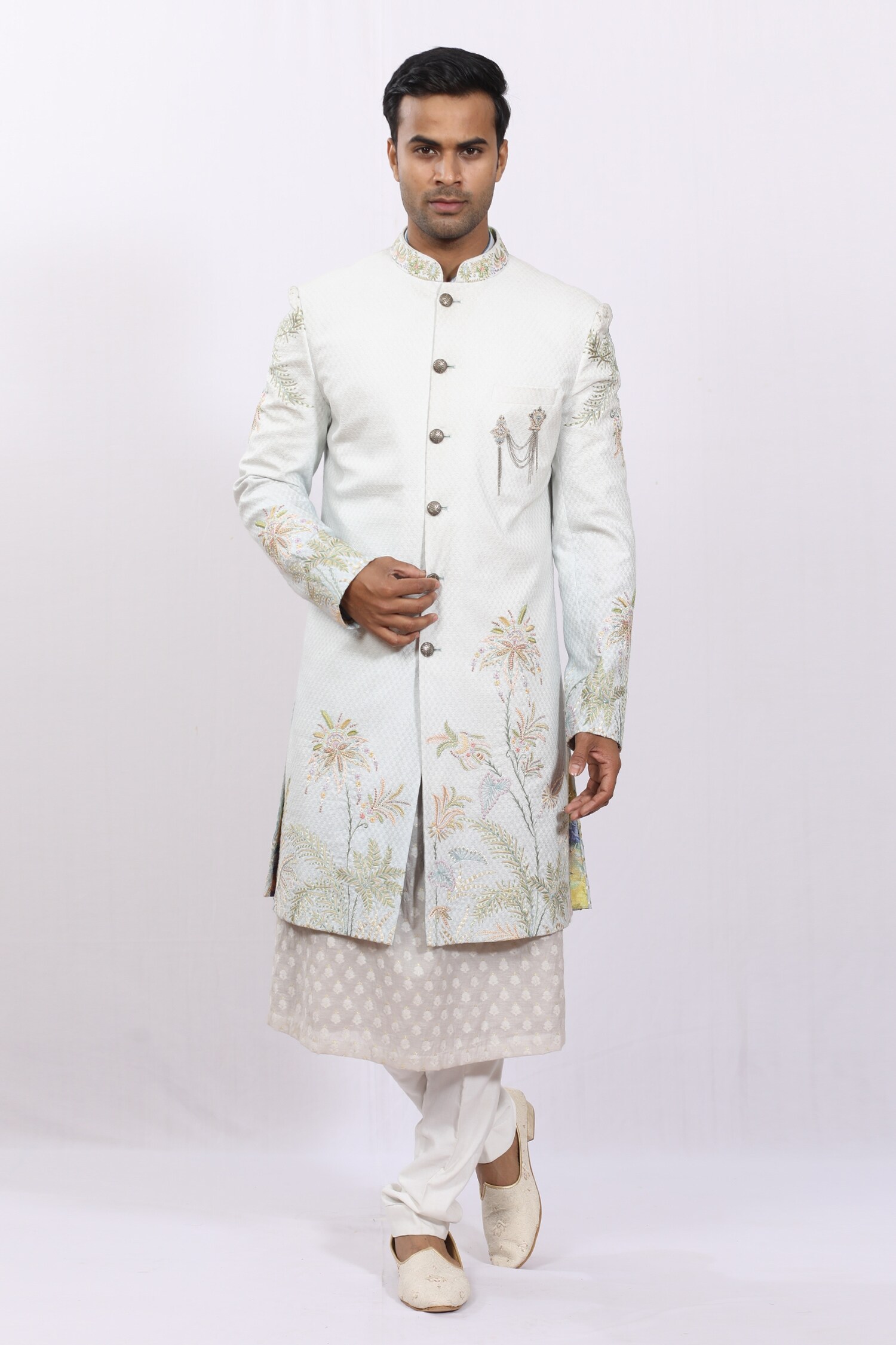 Buy Sankalan - Men Blue Jacquard Silk Sherwani Online | Aza Fashions