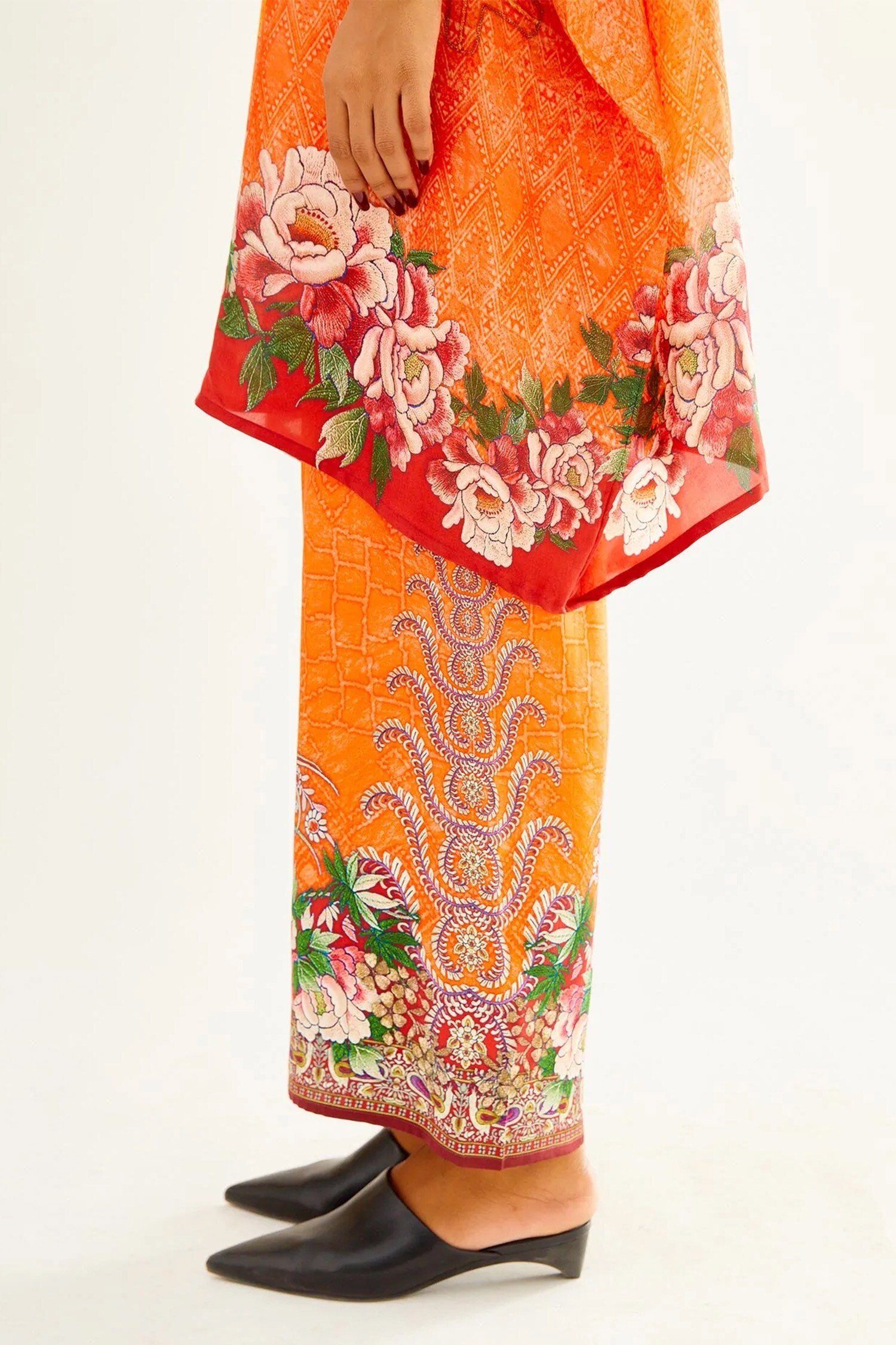Buy Rajdeep Ranawat Orange Satin Permaz Floral Print Pant Online | Aza ...