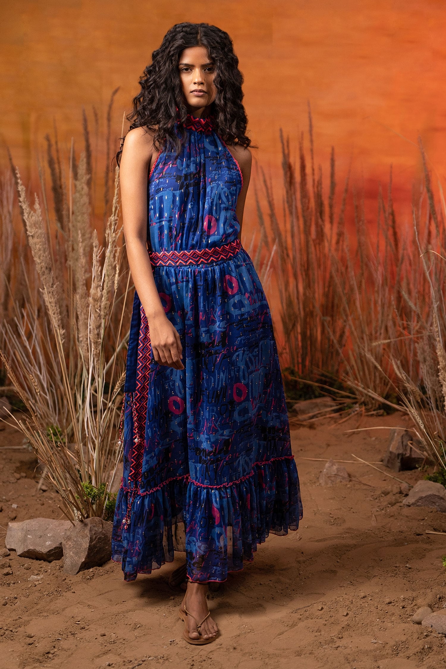 Buy Blue Poly Georgette Printed And Embroidered Typography & Dress For ...