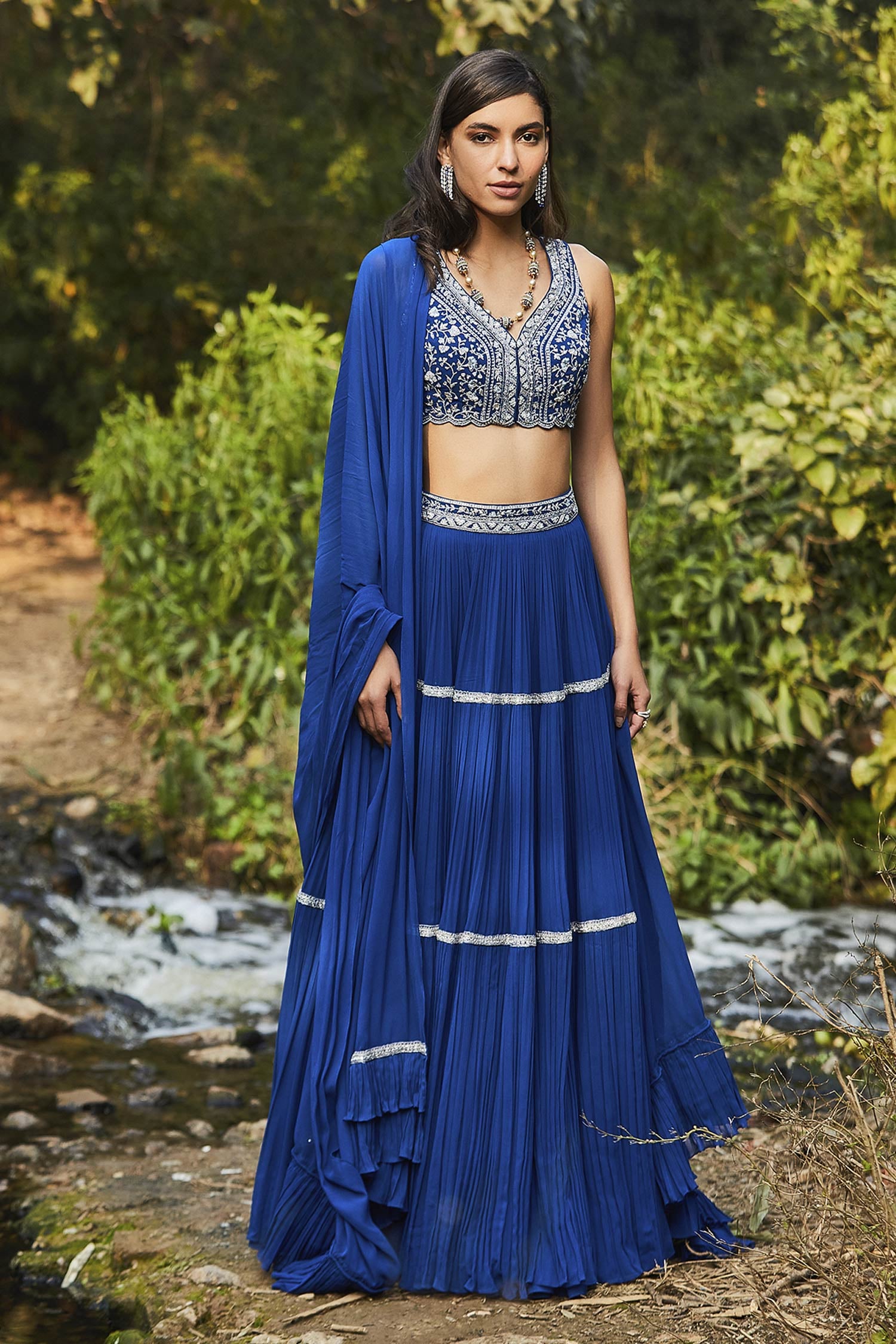 Buy Sana Barreja Blue Georgette Rabhya Tiered Lehenga Set Online | Aza ...