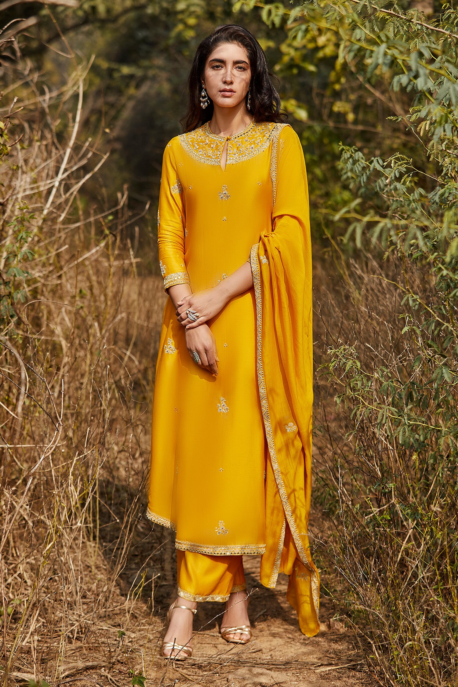 Buy Yellow Chanderi Silk Round Idika Kurta Set For Women by Sana Barreja Online at Aza Fashions.