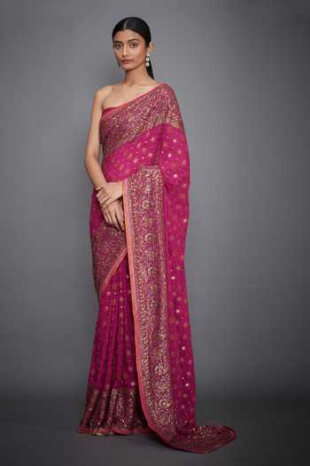 RI.Ritu Kumar Orange Silk Embroidered Saree With Unstitched Blouse Fabric