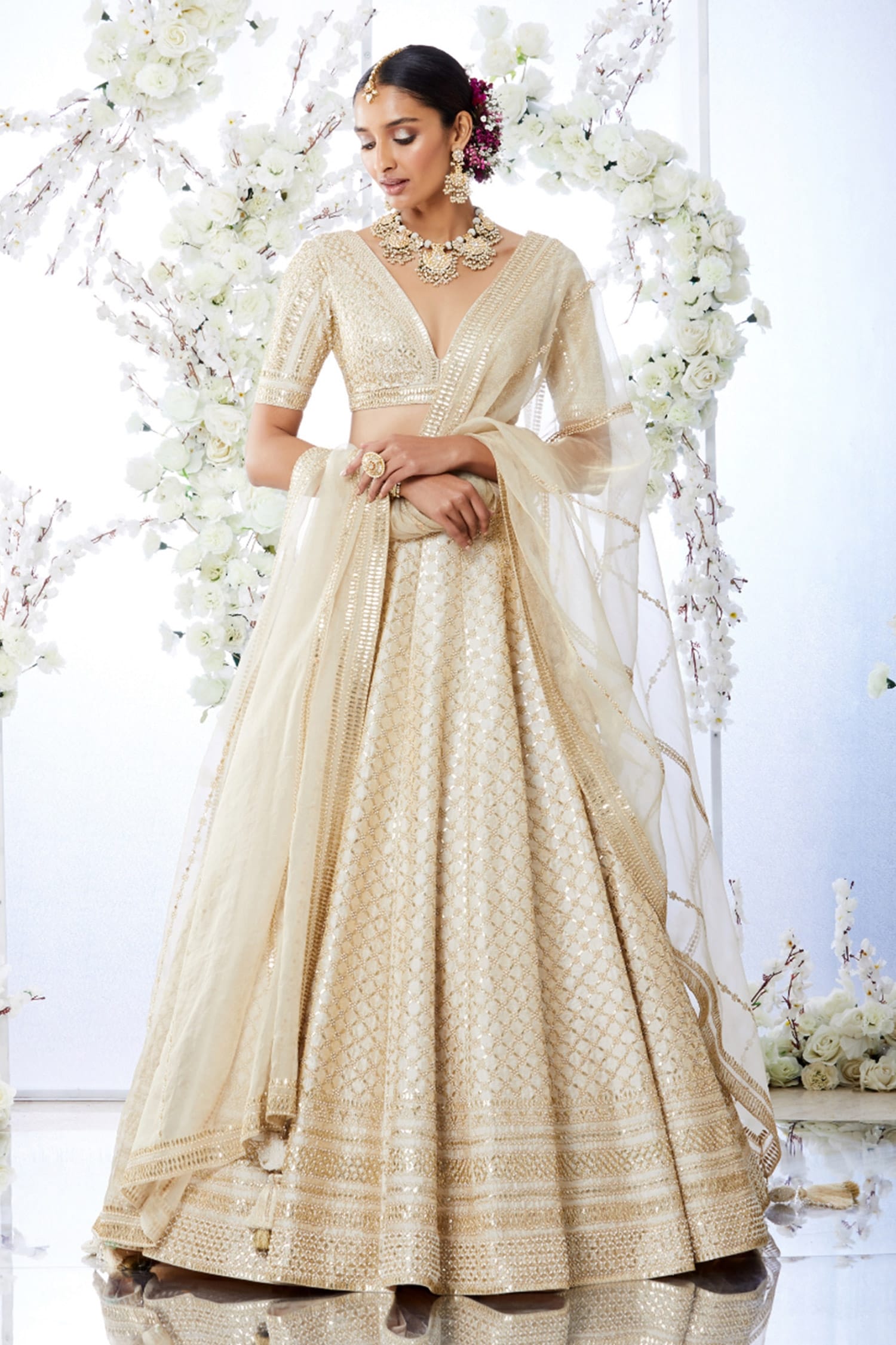 Buy White Tissue Raw Silk Embroidered Gota Patti V Neck Work Lehenga