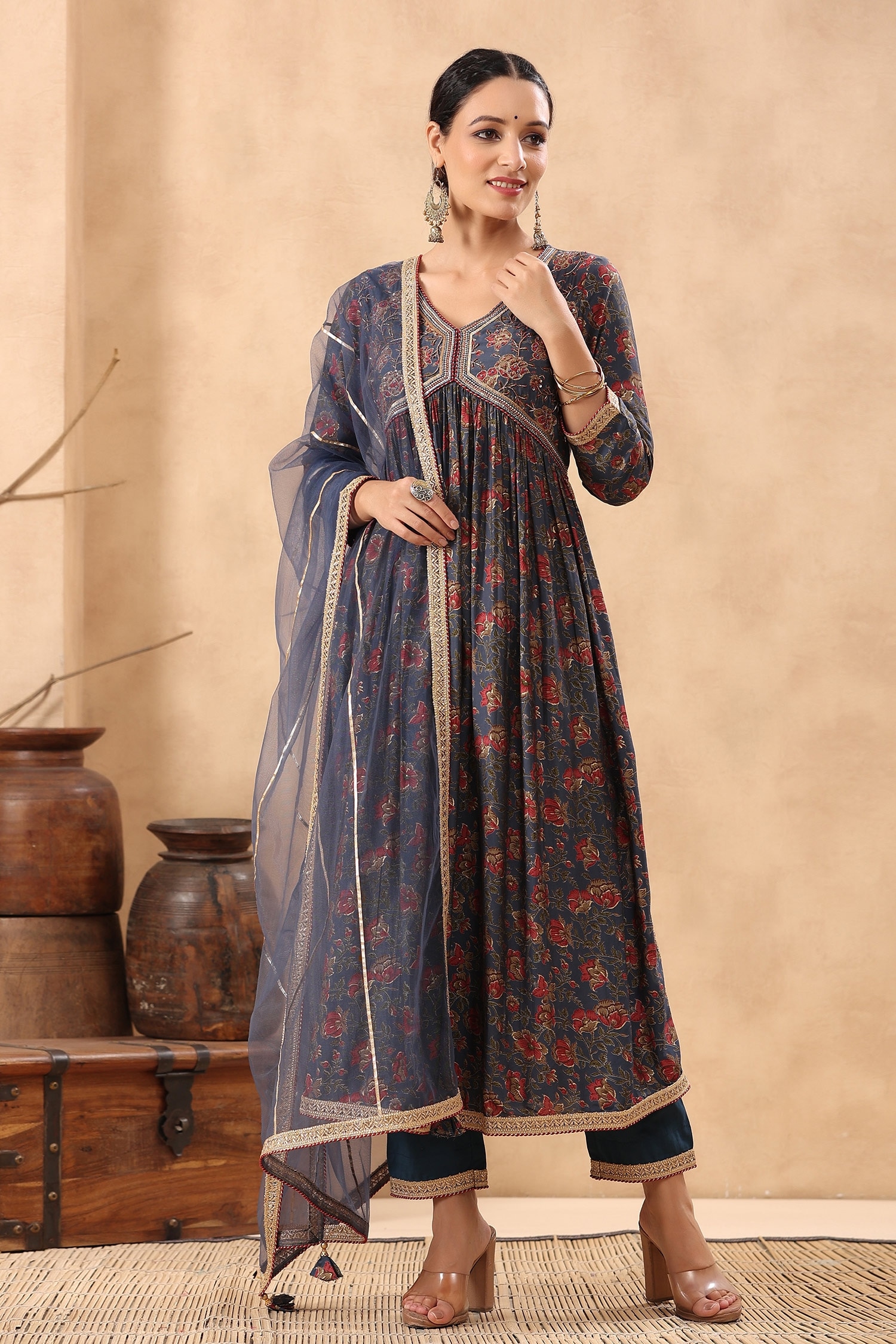 Buy Blue Muslin Printed Floral V Neck Anarkali Pant Set For Women by Bairaas Online at Aza Fashions.