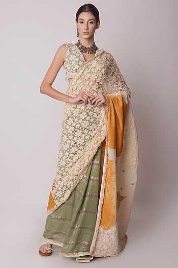 Buy White Organic And Embroidery Fringe V Saree With Blouse For Women ...