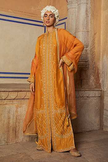 Buy Supria Munjal Yellow Organza Embroidered Jacket Style Kurta Set ...
