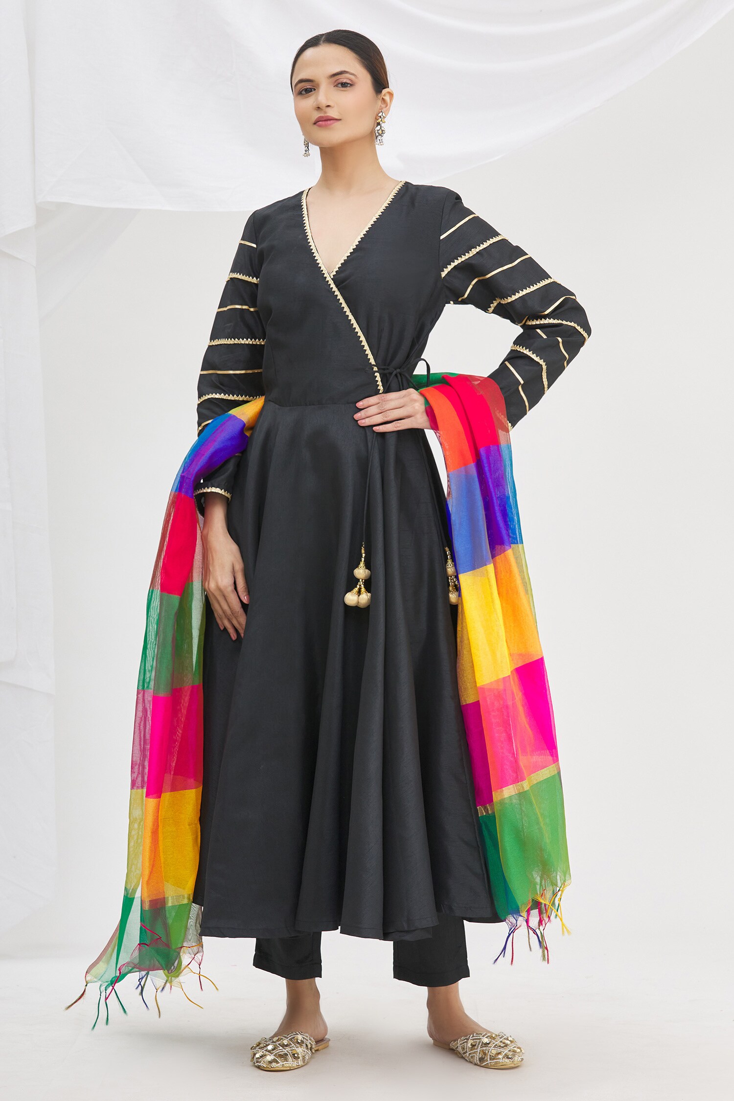 Buy Black Kurta And Pant Dupion Silk Dupatta Chanderi Angarkha & Set ...
