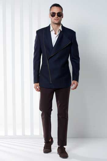 Buy Blue Wool Asymmetric Jacket For Men by Seven Online at Aza Fashions.