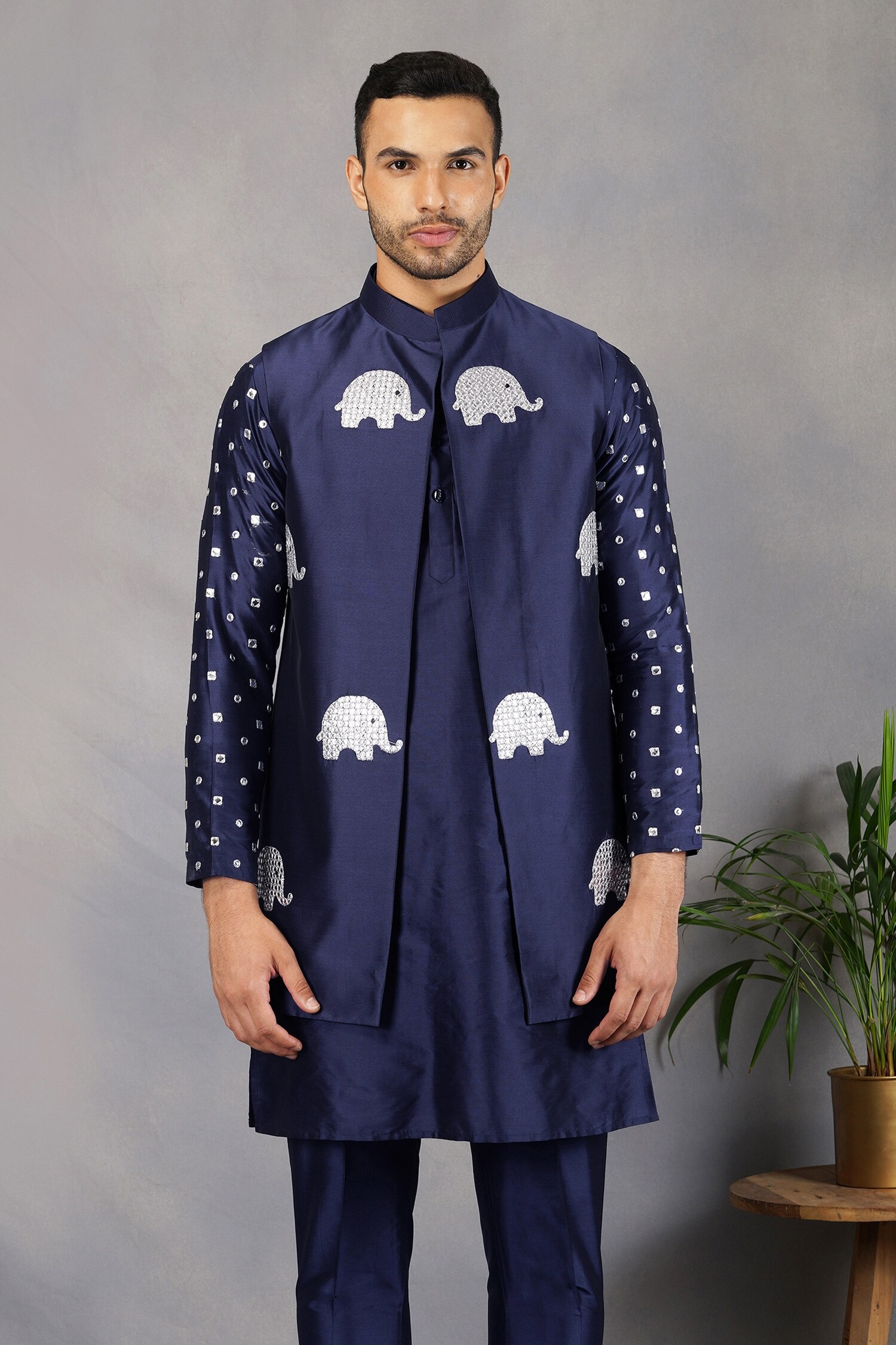 Buy Eleven Brothers Blue Silk Ruh Embroidered Bundi And Kurta Set ...