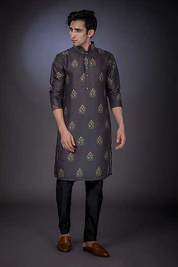 Buy Black Kurta Tussar Silk Printed Freedom Cage Set For Men by Eleven ...