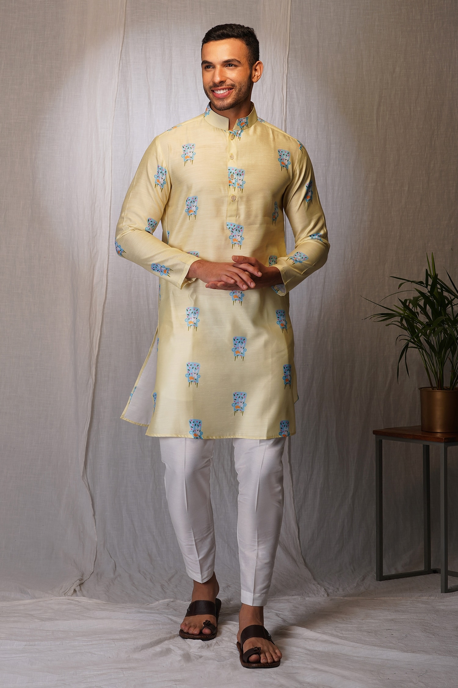 Buy Eleven Brothers Yellow Reading Chair Print Kurta Set Online | Aza ...